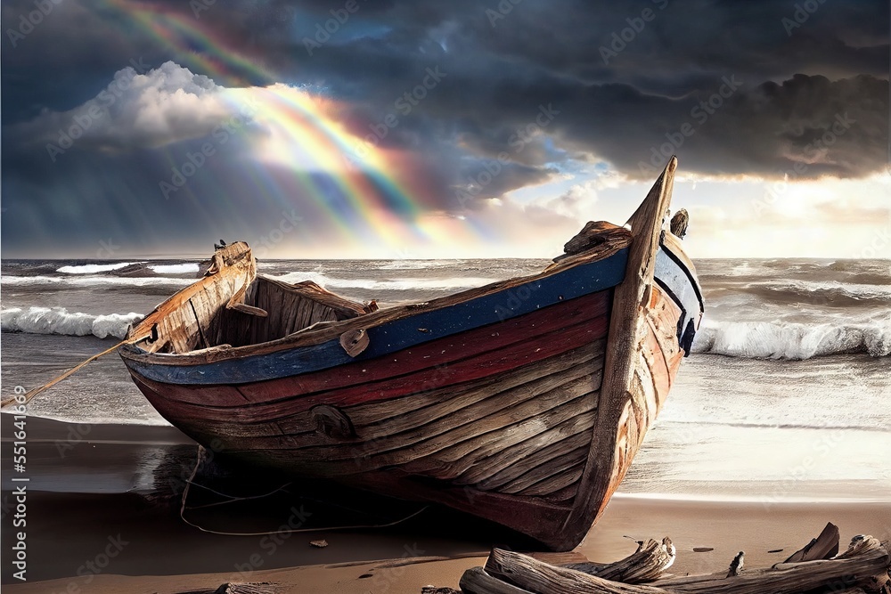 An old wrecked fishing boat rides on a deserted beach. An abandoned ...