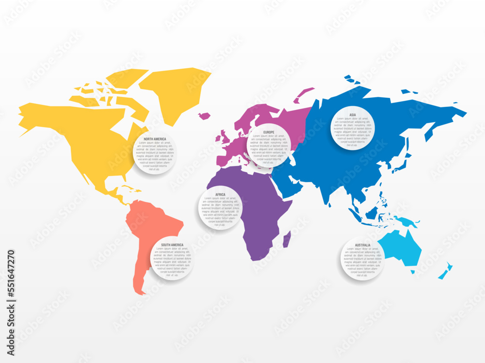 World map and continents infographics. Circular text fields and map of ...