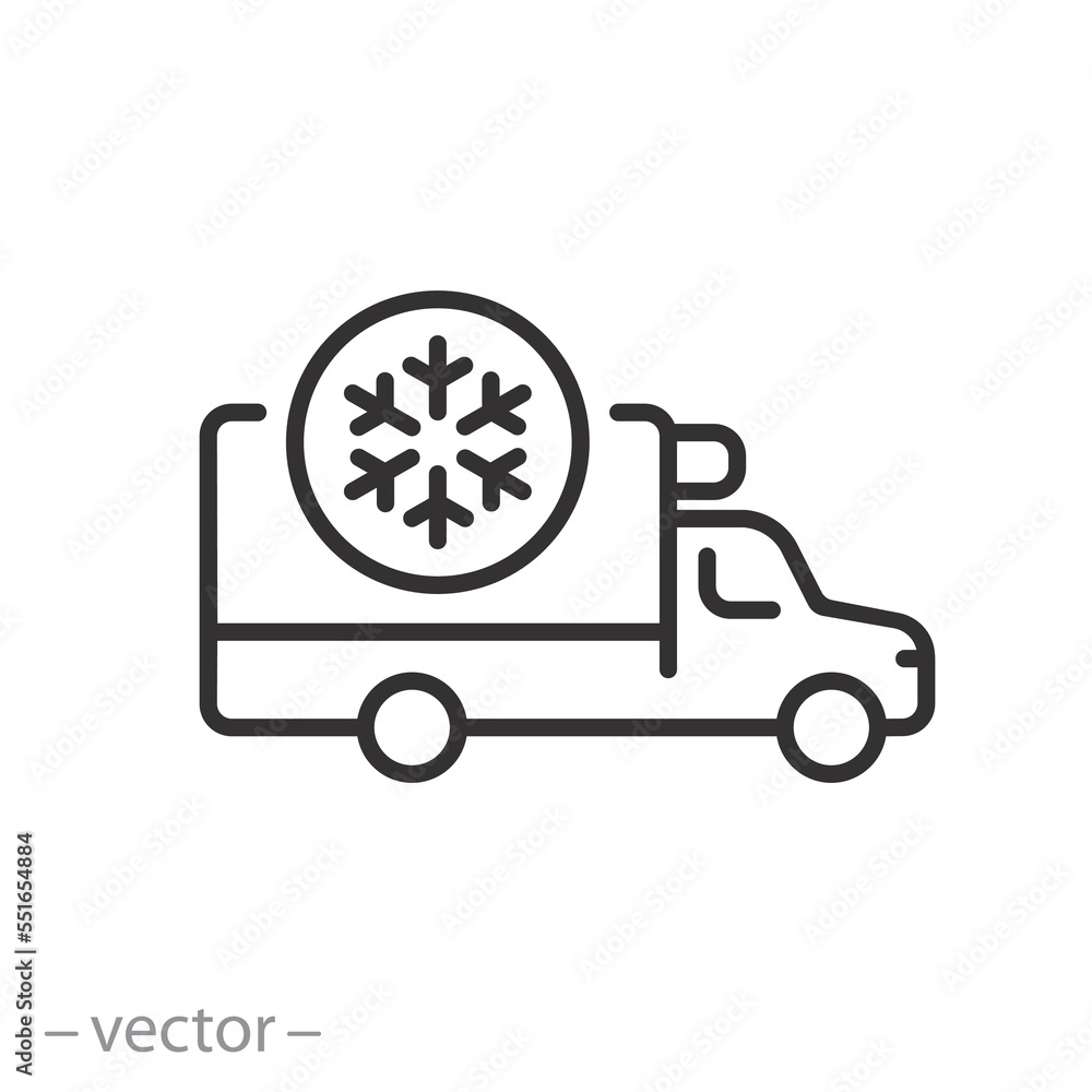 refrigerator truck icon, delivery for frozen products, thin line symbol ...