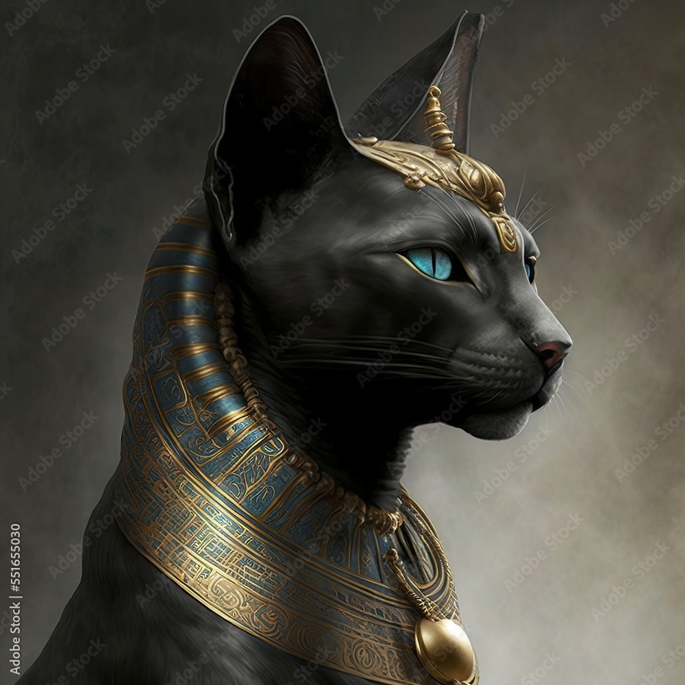 Ancient Egyptian Black Cat With Golden Ornaments Statuette In Black Interior Podium Ancient