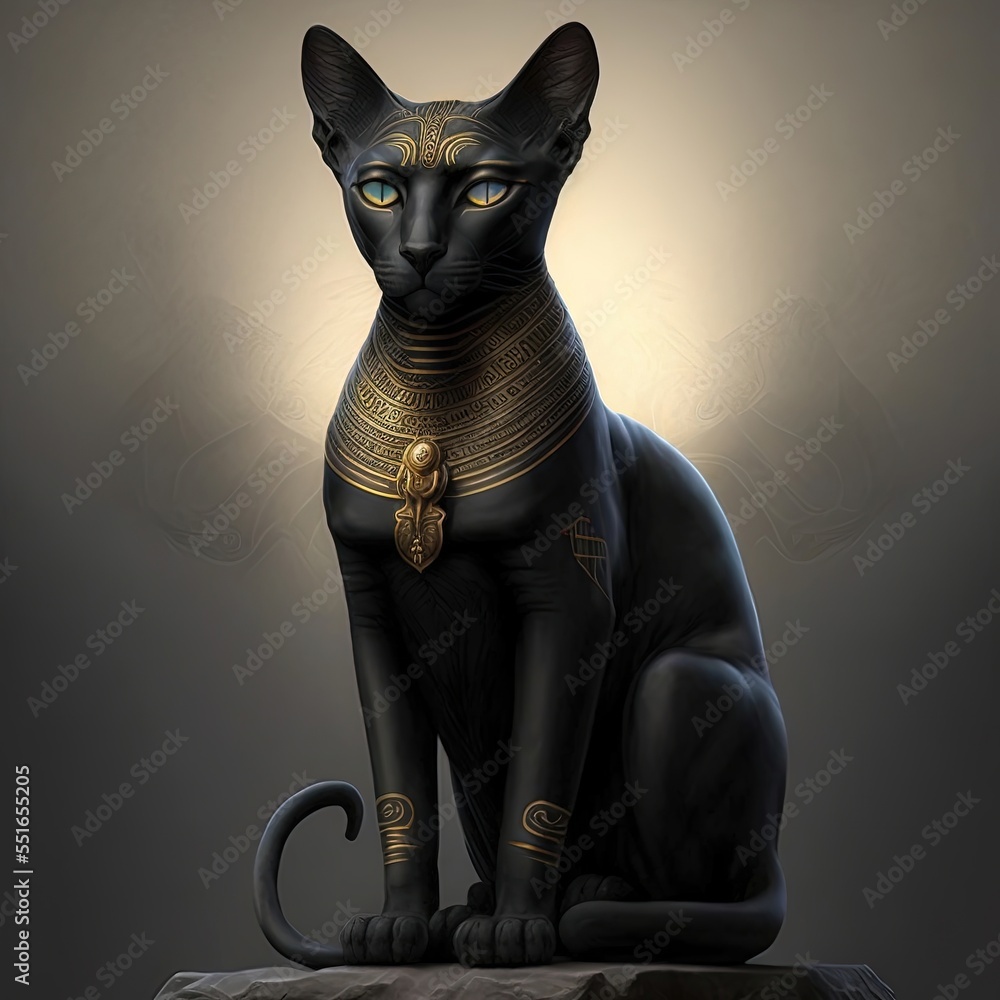 Ancient Egyptian black cat with golden ornaments. Statuette in black interior, podium. Ancient ...