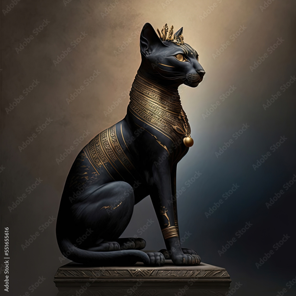 Ancient Egyptian black cat with golden ornaments. Statuette in black interior, podium. Ancient ...