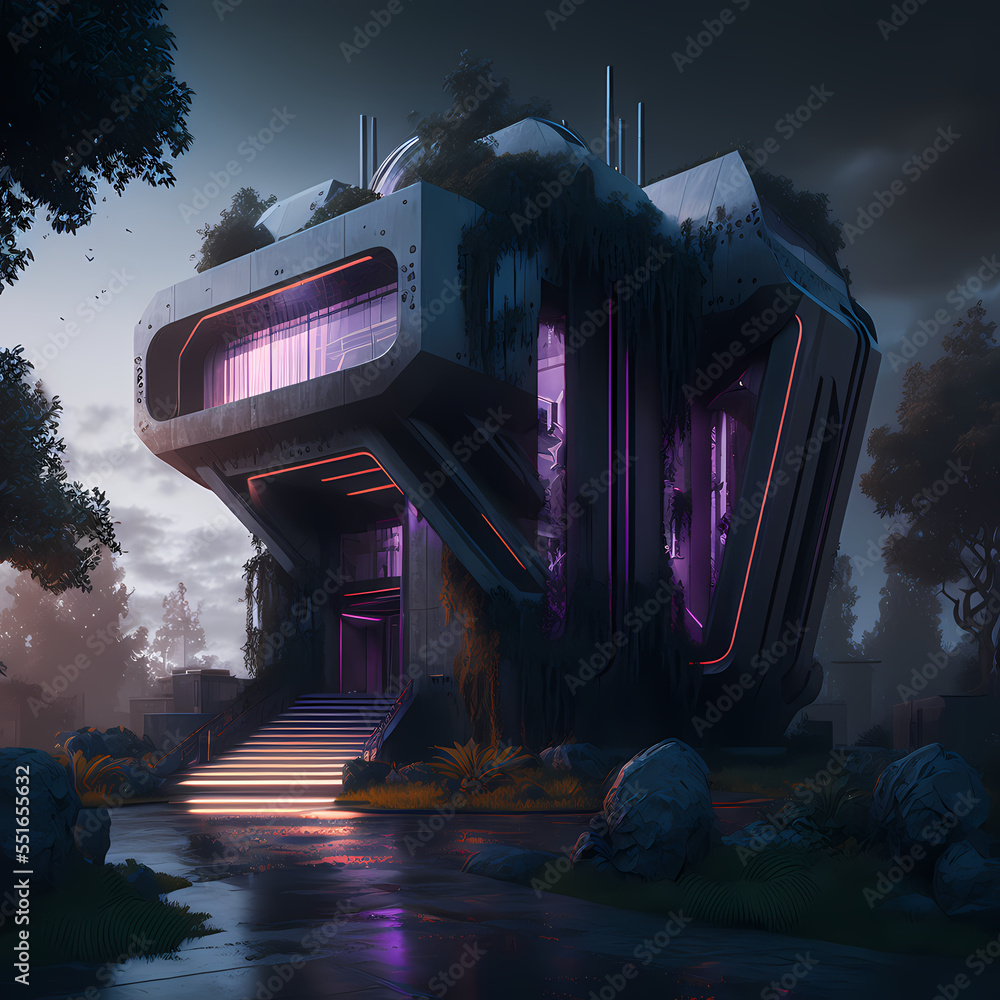 Futuristic Villa House Building in a deconstructivist style at night ...