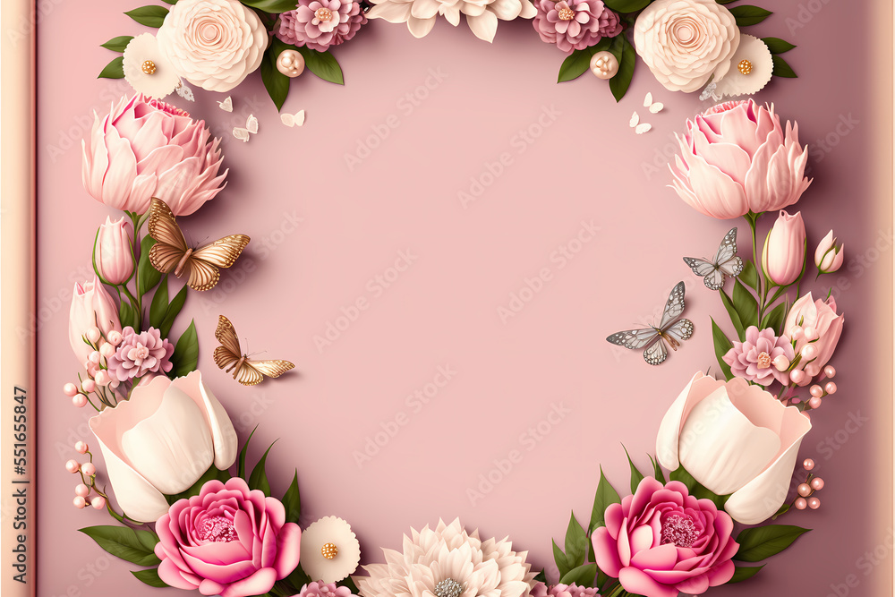 Wedding floral frame border with elegant rose flowers, tulips, pearls ...