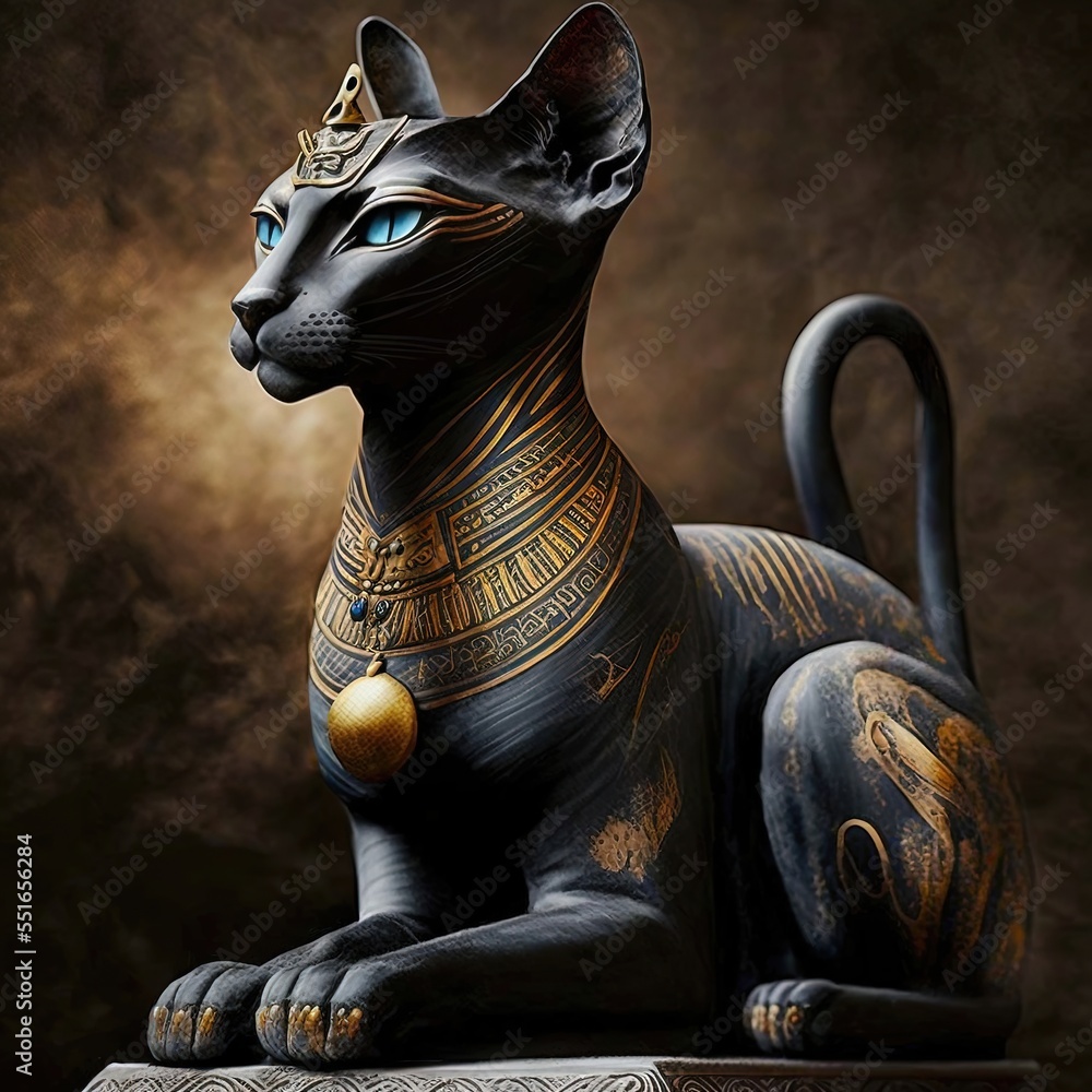 Ancient Egyptian black cat with golden ornaments. Statuette in black interior, podium. Ancient ...