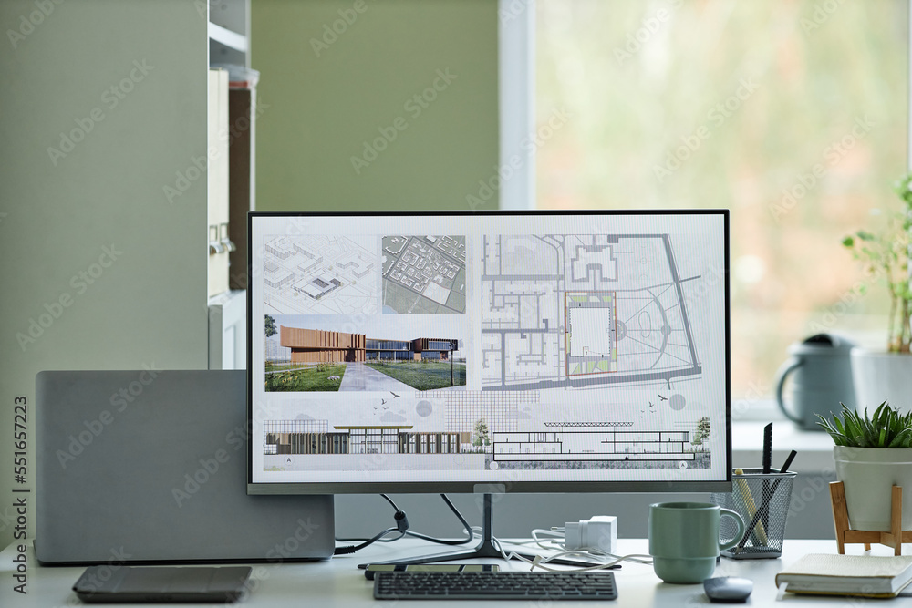 Minimal background image of computer with 3D blueprints on screen ...