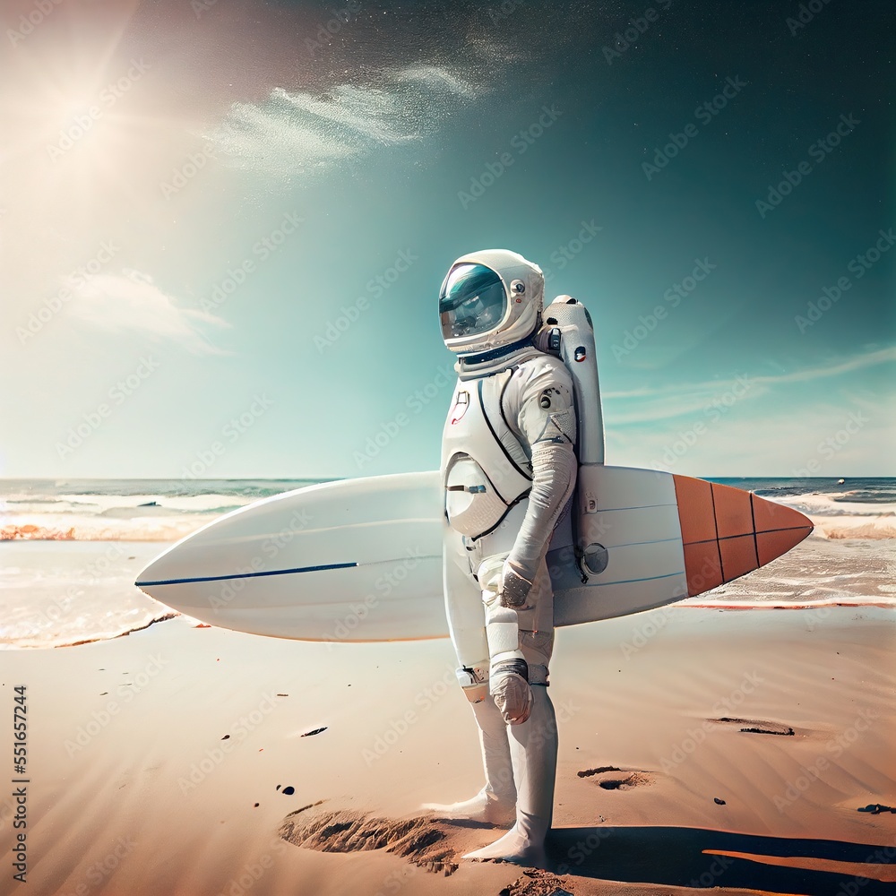 An astronaut with a surfboard. A high-tech astronaut from the future ...