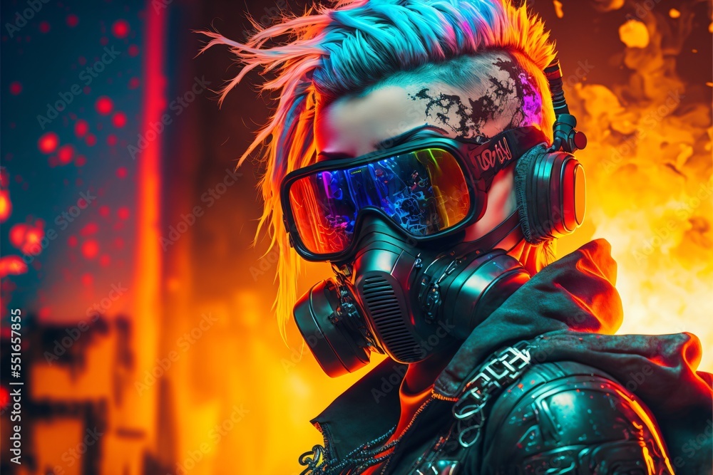 Photo & Art Print cyberpunk girl in leather hoodie with gas mask, night ...