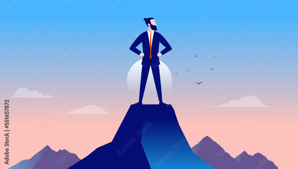 Successful businessman - Man standing on mountaintop in front of ...