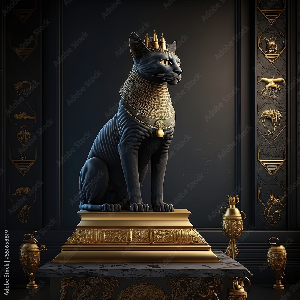 Ancient Egyptian black cat with golden ornaments. Statuette in black interior, podium. Ancient ...