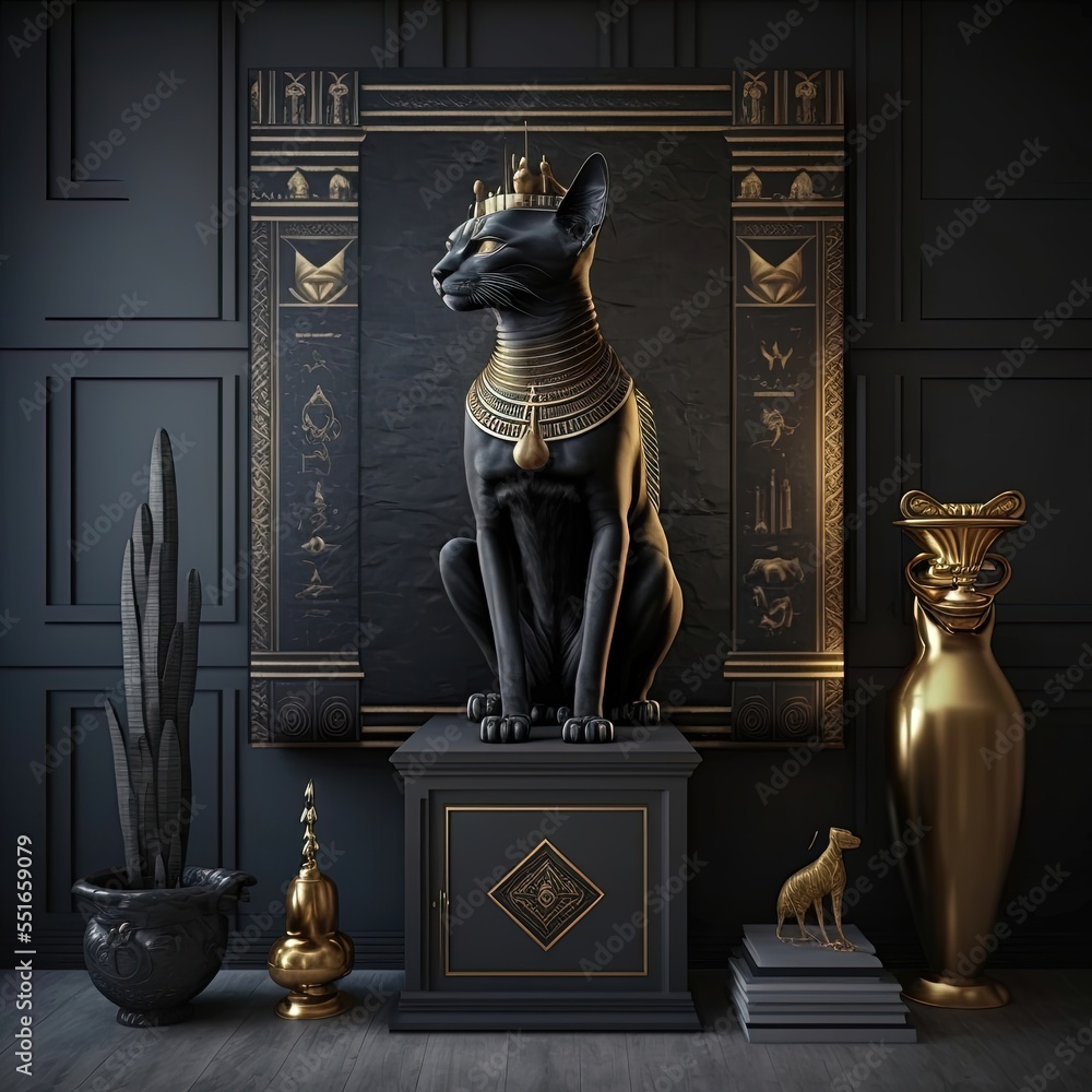 Ancient Egyptian black cat with golden ornaments. Statuette in black interior, podium. Ancient ...