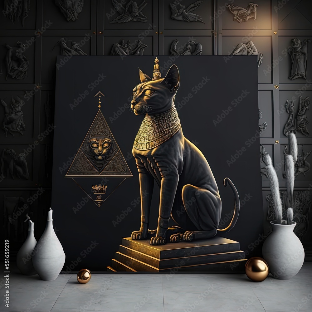 Ancient Egyptian black cat with golden ornaments. Statuette in black interior, podium. Ancient ...