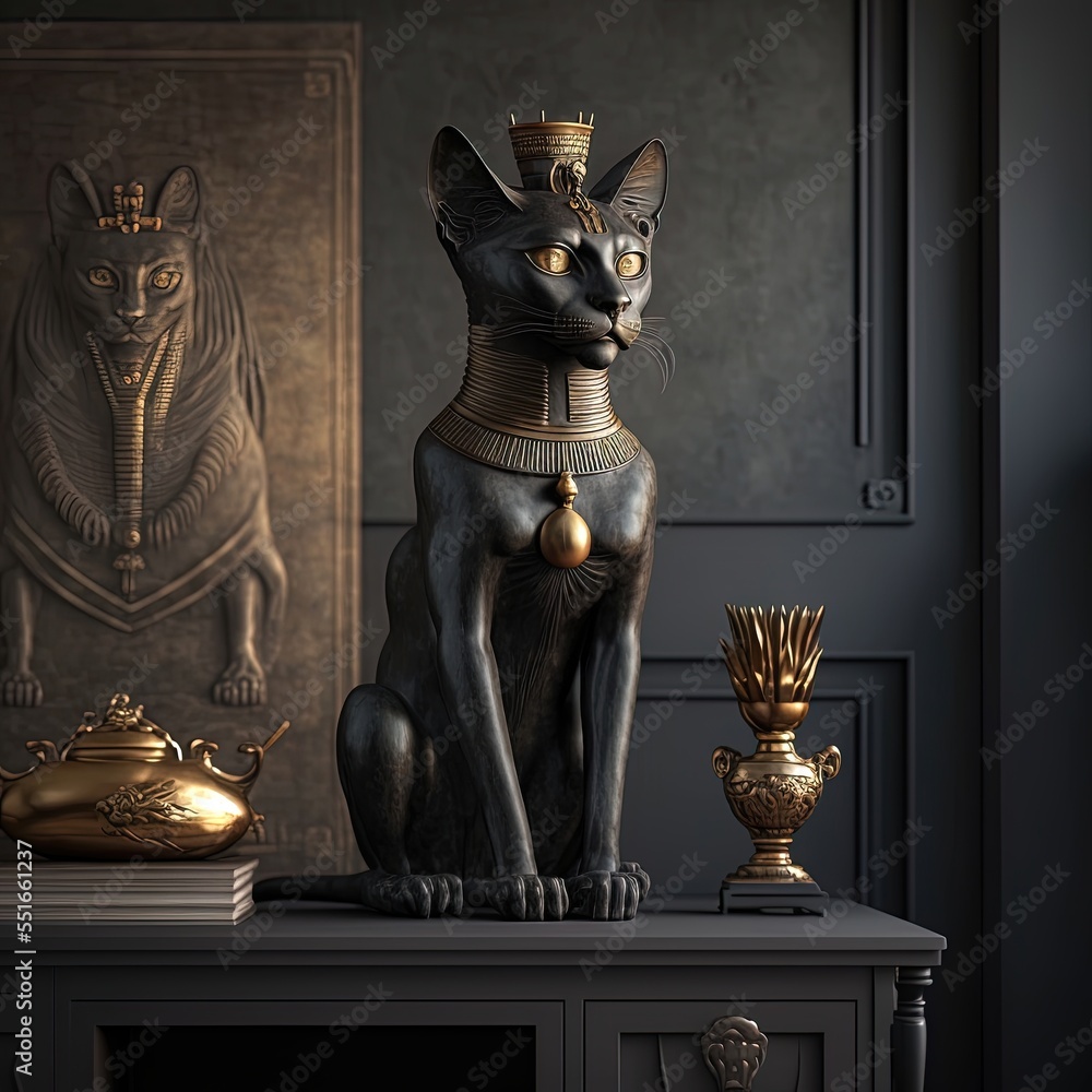 Ancient Egyptian black cat with golden ornaments. Statuette in black interior, podium. Ancient ...