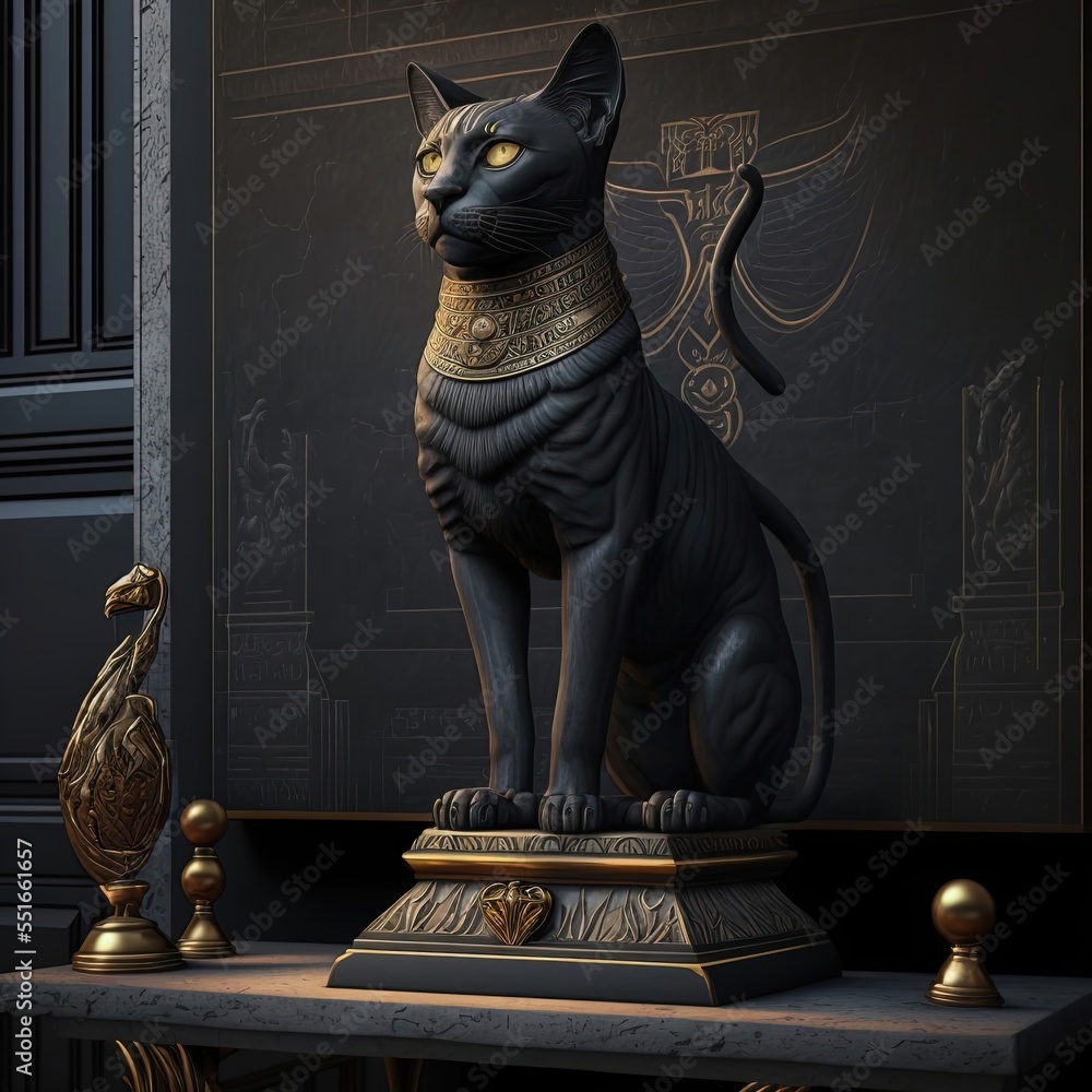 Ancient Egyptian black cat with golden ornaments. Statuette in black interior, podium. Ancient ...