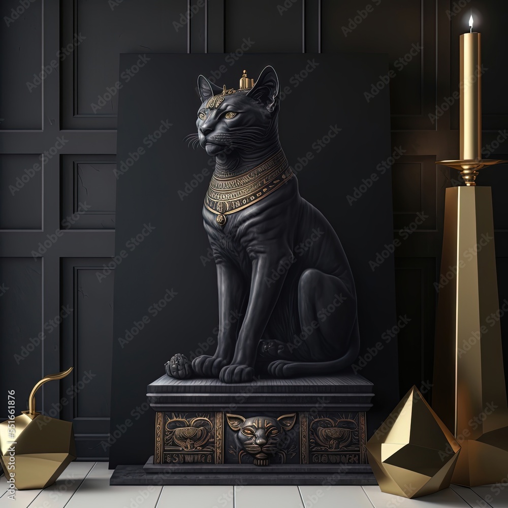 Ancient Egyptian black cat with golden ornaments. Statuette in black interior, podium. Ancient ...