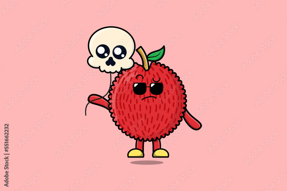 Cute cartoon Lychee floating with skull balloon in flat cartoon vector ...