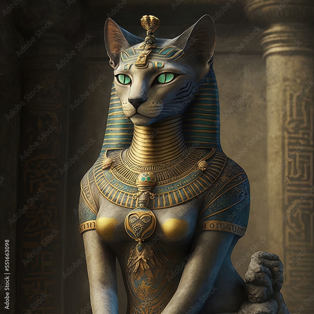 Ancient Egyptian goddess Bastet. Ancient Egyptian catwoman with gold jewelry. AI Stock ...