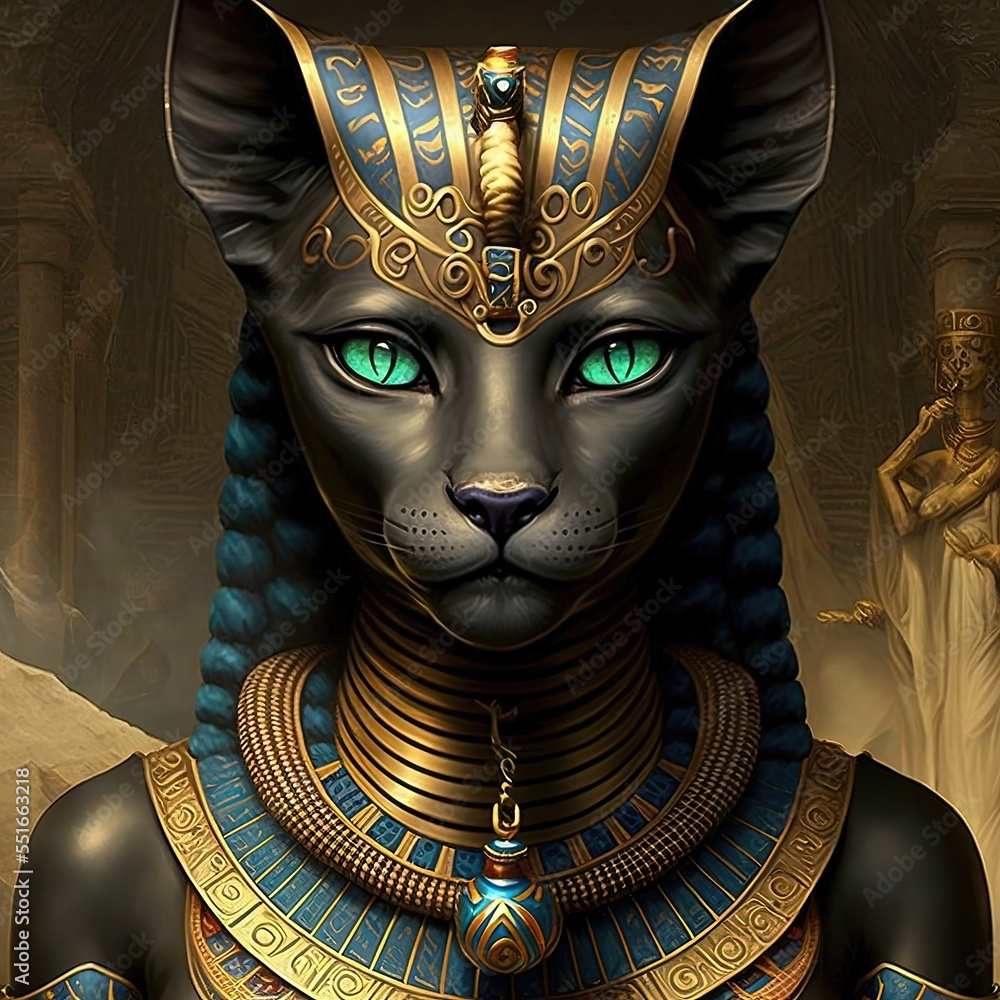 Ancient Egyptian goddess Bastet. Ancient Egyptian catwoman with gold jewelry. AI Stock ...