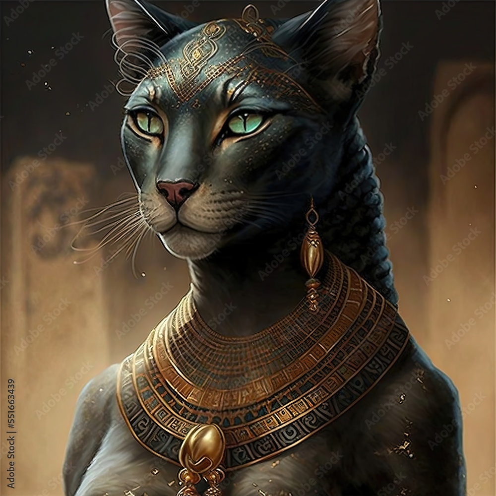 Ancient Egyptian goddess Bastet. Ancient Egyptian catwoman with gold jewelry. AI Stock ...