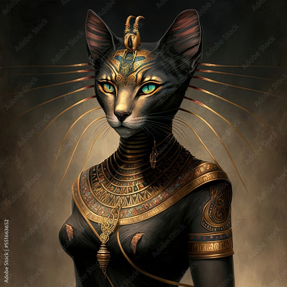 Ancient Egyptian goddess Bastet. Ancient Egyptian catwoman with gold jewelry. AI Stock ...
