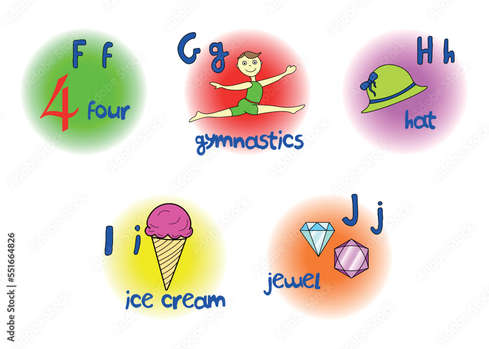 five letters of english alphabet with upper and lower case letters and ...