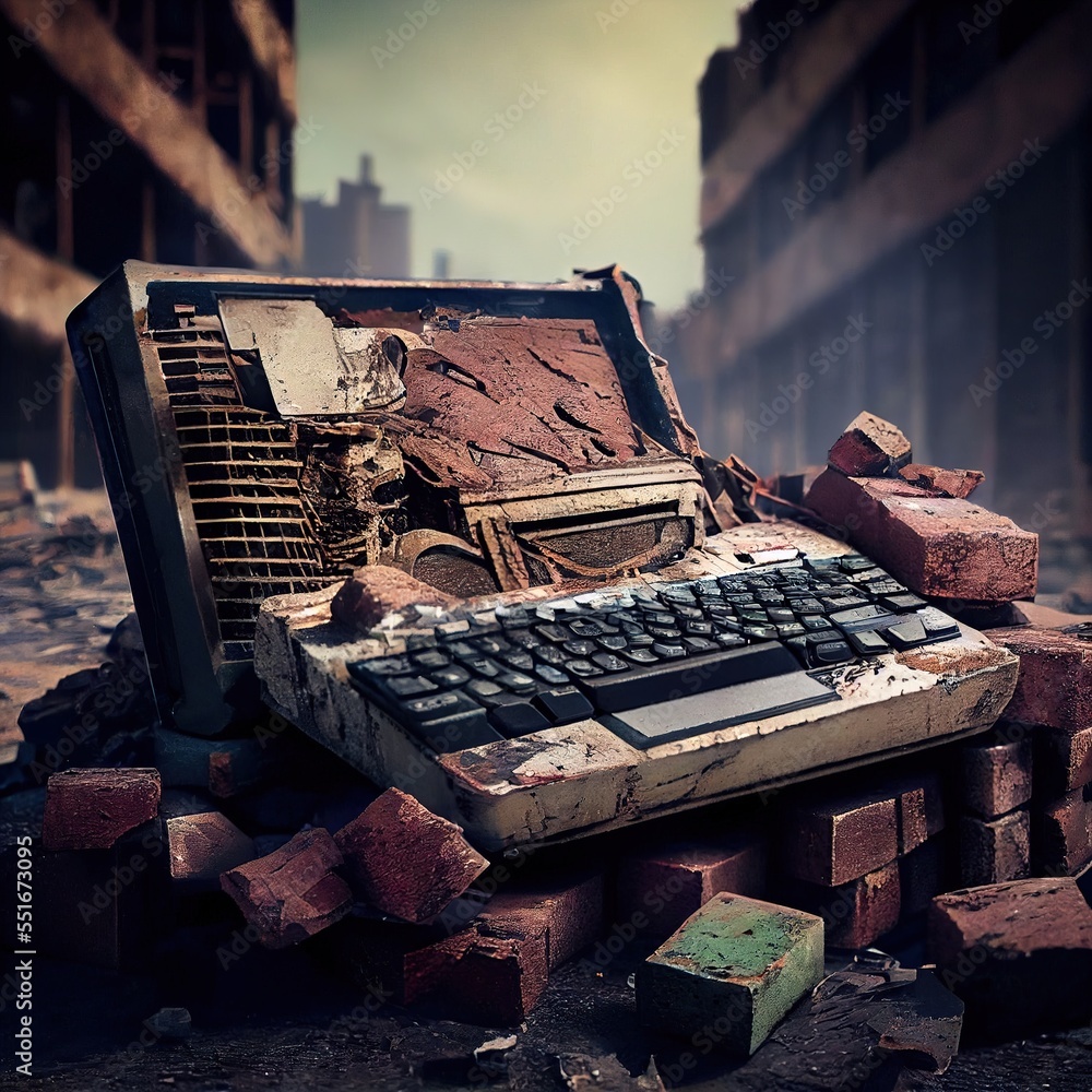 An old computer lying on the ruins of a house. A post-apocalyptic ...