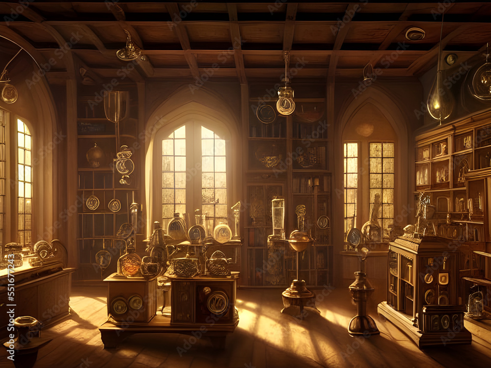 ancient chemists laboratory with mysterious objects and experiments ...