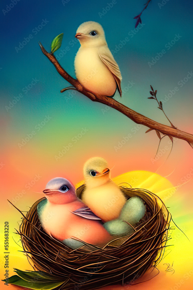 cute little baby birds in nest with eggs, illustration, digital matte ...
