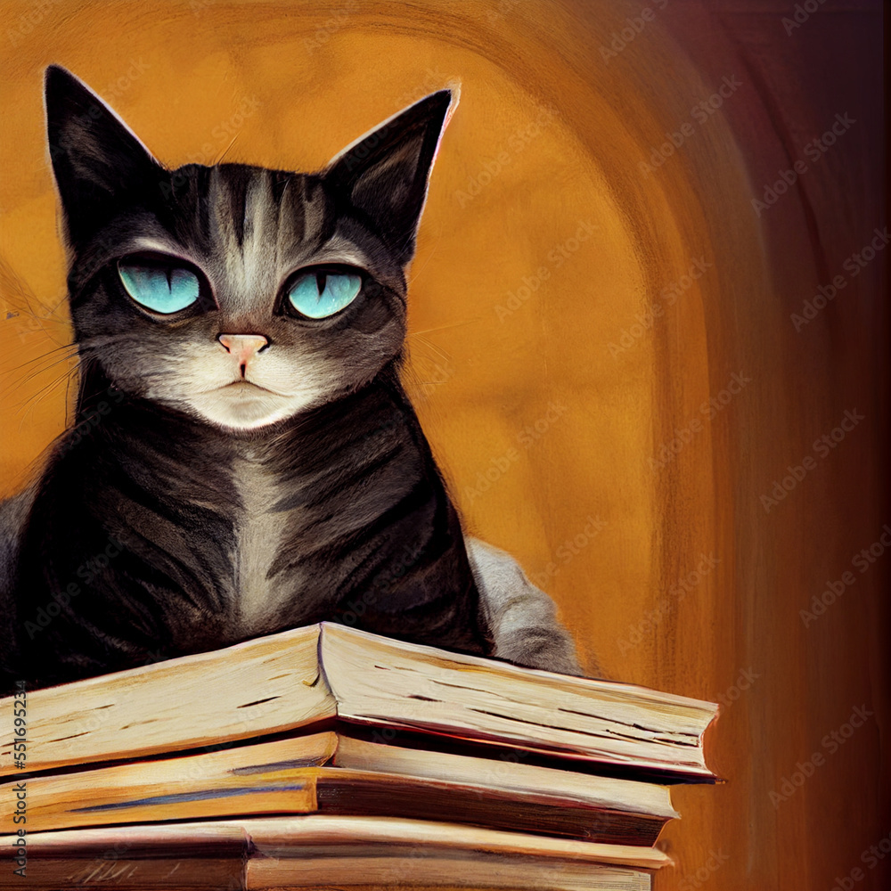 Cute cat sitting on the book pile cartoon illustration, funny smart ...