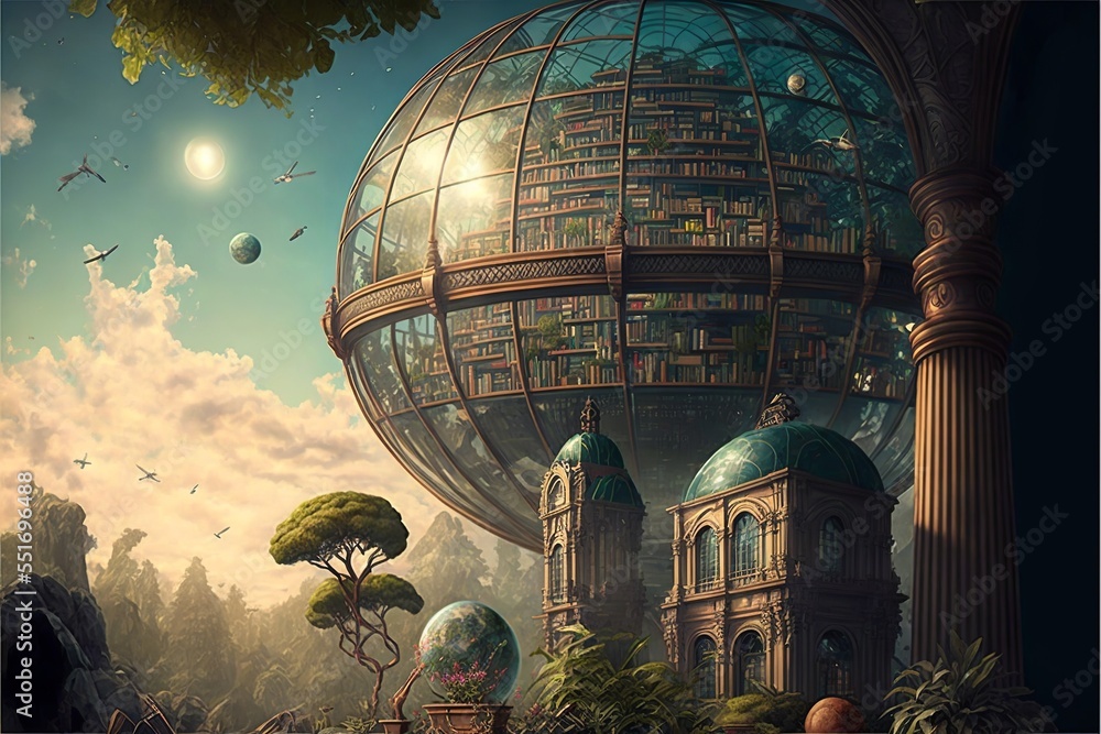 Spherical fantasy library in a glass futuristic city with floating ...