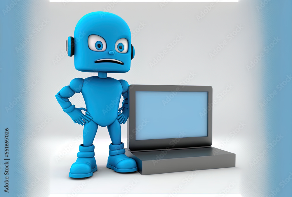 Blue book figure mascot on a white backdrop with a blank trade show lcd ...