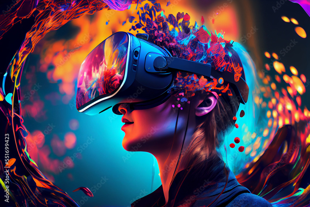 A person in a futuristic virtual reality headset, surrounded by a sea ...