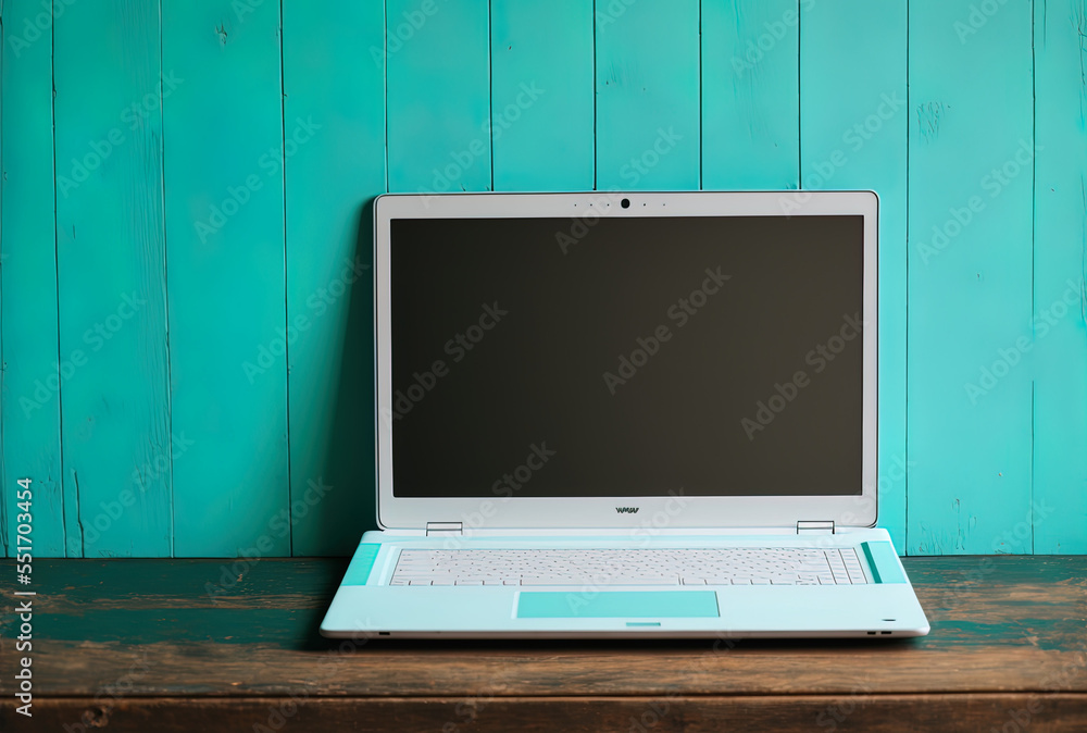 A laptop with a white blank screen is placed in front of a turquoise ...