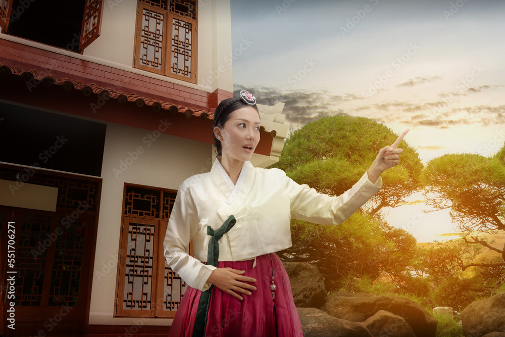 Asian woman wearing a traditional Korean national costume, Hanbok ...
