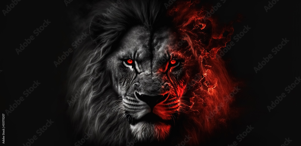 Lion king in fire, Portrait on black background, Wildlife animal ...