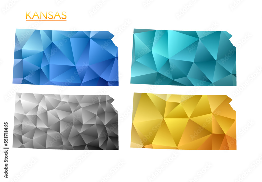 Set of vector polygonal maps of Kansas. Bright gradient map of us state ...
