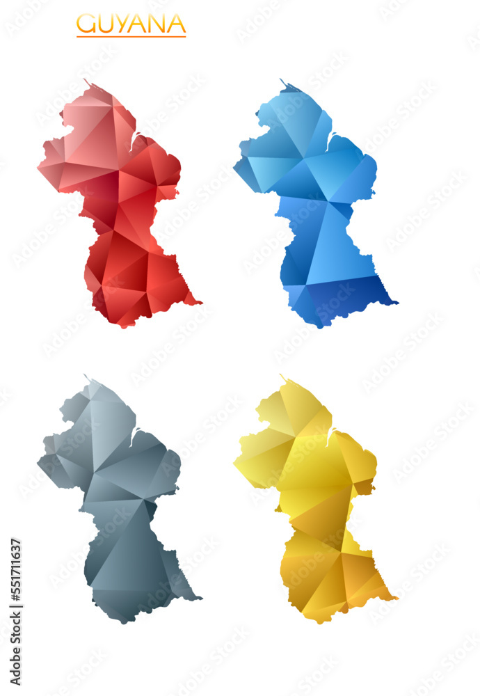 Set of vector polygonal maps of Guyana. Bright gradient map of country ...
