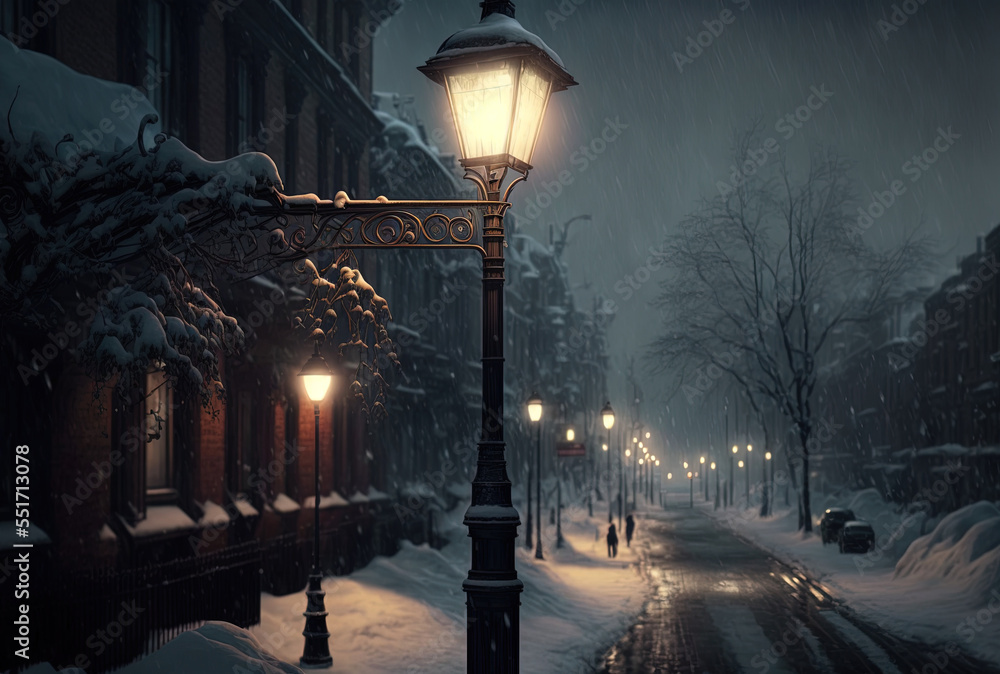 gloomy image of a street lighting in the snow with holiday lights ...