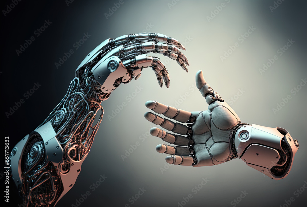 Robotic hand with backdrop and a side view of AI technology. Generative ...