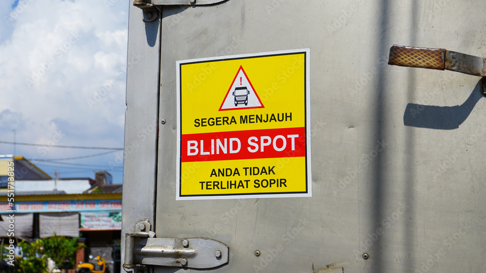 Road safety and traffic sign. Blind spot, Take care. Delivery truck ...