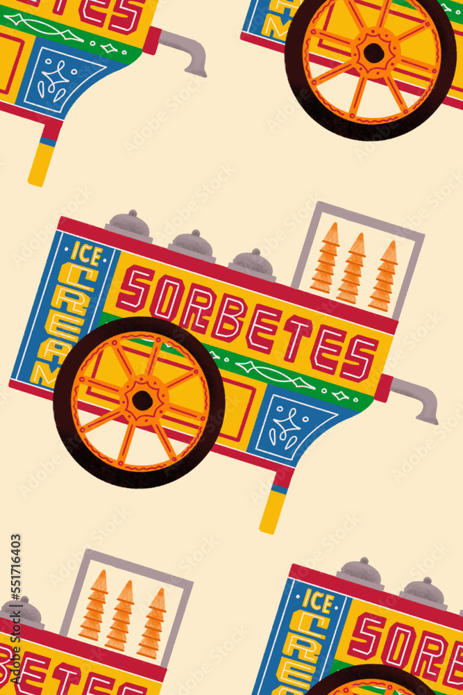 Filipino sorbetes carts side view illustrated pattern in classic colors ...