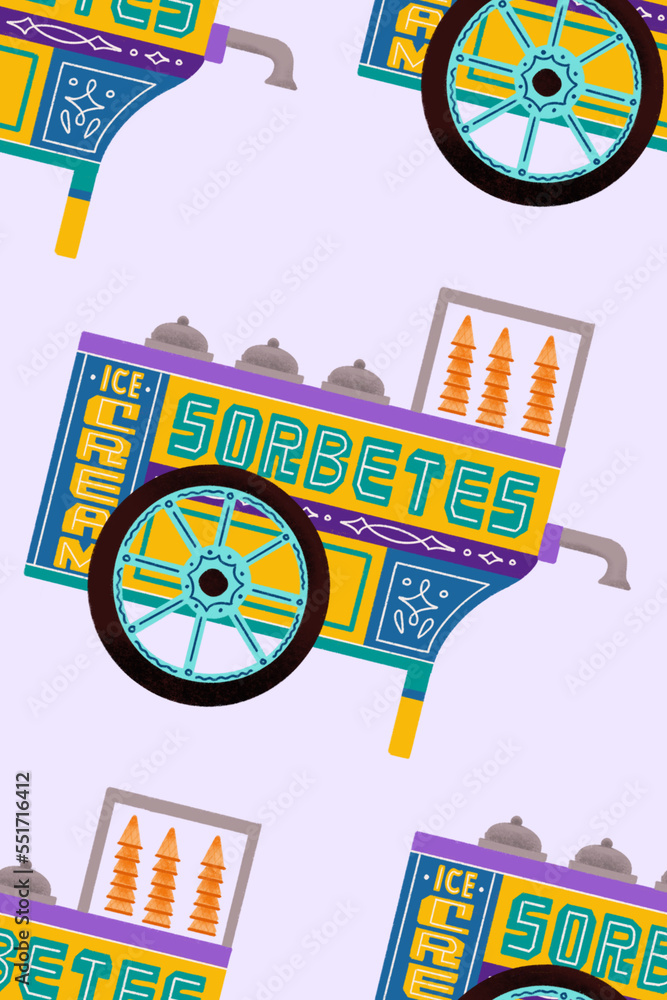 Filipino sorbetes carts side view illustrated pattern in cool colors on ...