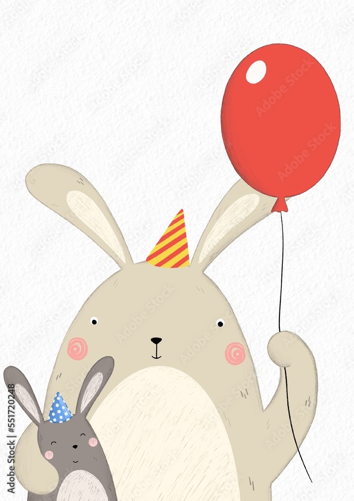 Two rabbits standing in a hug wearing holiday hats and with a ball in ...