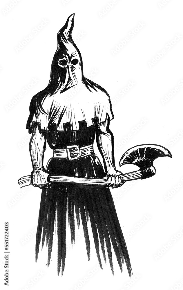 Medieval executioner with big axe. Ink black and white drawing Stock ...