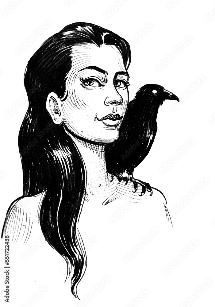 Beautiful woman with a raven bird sitting on her shoulder. Ink black ...