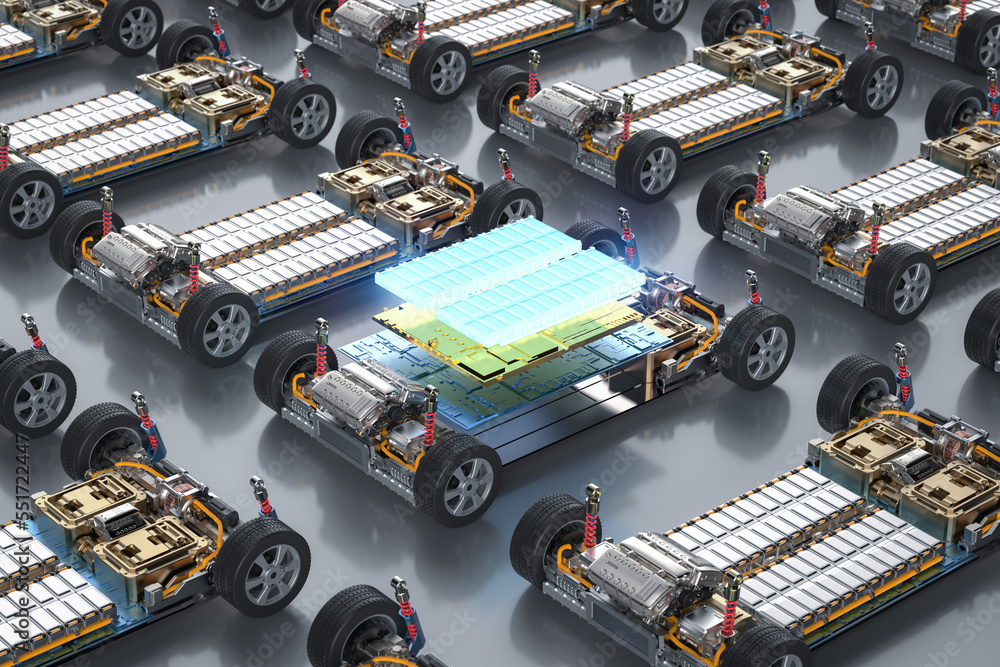 Group of electric cars with pack of battery cells module on platform ...