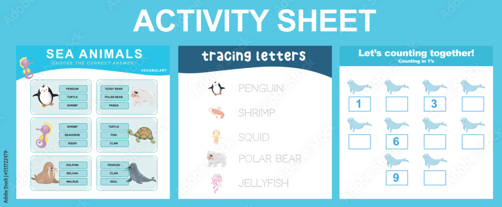 Educational printable worksheet. Activity sheet for children with sea ...