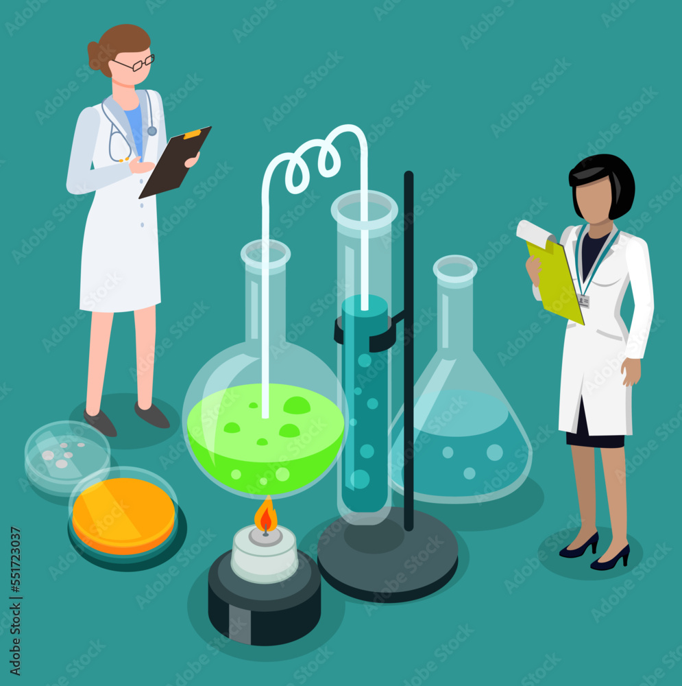 Women checking experiment process and results. Female character wearing ...