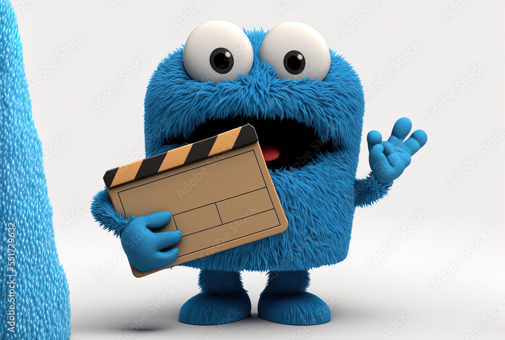 On a white background, a blue book character mascot holds a cinema ...