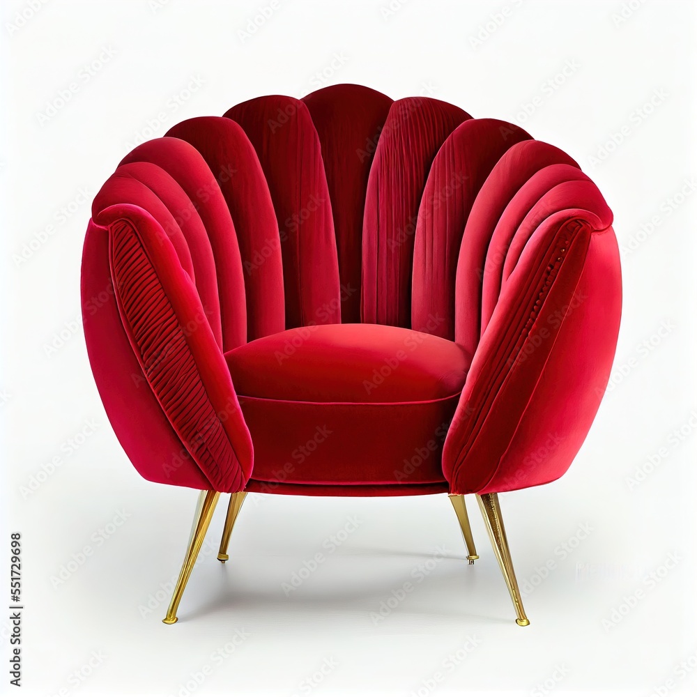 a red chair with gold legs and a round seat with a curved back and a ...